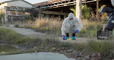 Crime scene, ppe and investigator with forensic evidence on swab for ...
