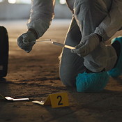 Sample, crime scene and person with forensic evidence for investigation ...