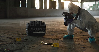 Forensic photographer, crime scene and person in nature for ...