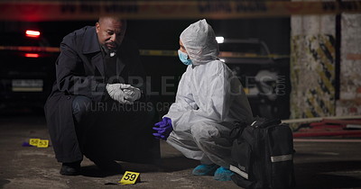 Crime scene, teamwork and forensic police in discussion with evidence ...