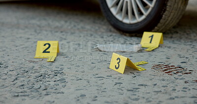 Crime scene, evidence and footprint on ground for criminal, forensic or ...