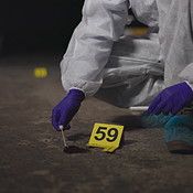 Crime scene, forensic swab and man on floor for investigation ...