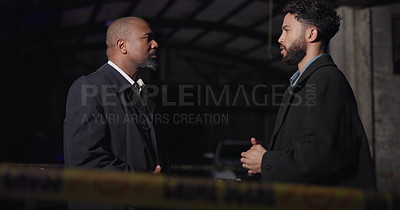 Crime scene, detective and forensic woman in discussion with evidence ...