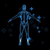 Body scan, graphic and hologram of xray, medical and healthy research ...