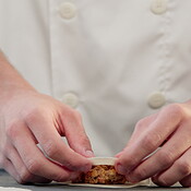 Kitchen, hands and pastry with chef for dumplings, shape and fold ...