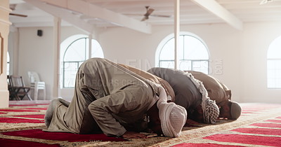 Bow, mosque and prayer with Muslim men in temple together for belief ...