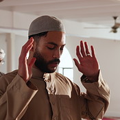 Allah, mosque and prayer with Muslim men in temple together for belief ...