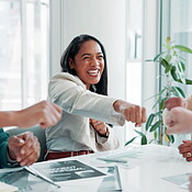 Business, people and fist bump for office success, target ...