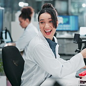Science, laboratory and people talking on computer for research ...