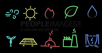Icons, process and sustainable with green energy for global environment ...