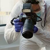 Forensic, photography and car investigation at crime scene for evidence ...