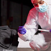 Forensic, sample and crime scene on road, outdoor and swab for medical ...