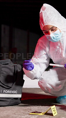 Forensic, swab and crime scene on road, outdoor and sample for medical ...