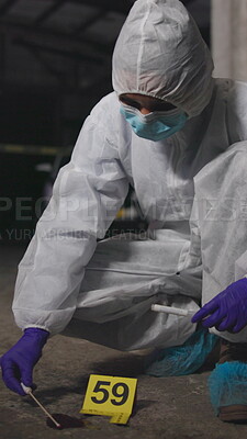 Forensic, crime scene and swab of blood, night and expert with gloves ...