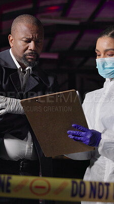 Forensic, team and documents with discussion at crime scene for ...