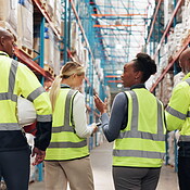 People, logistics and walking in warehouse for inspection, compliance ...