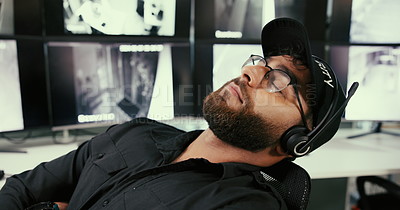 Sleeping, security guard and control room with man in office for ...