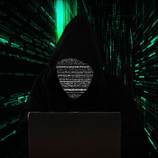 Hacker, laptop and coding hologram with data transfer for binary code, programming security and ...