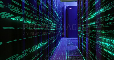 Coding, hologram and digital with data transfer in server room of binary code, programming and ...