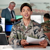 Military, news and briefing with face of man at headquarters for ...