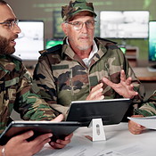 Soldiers, people and tablet for planning with group, decision and ...