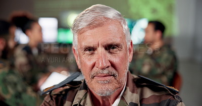 Military, meeting and strategy with face of man at headquarters for ...