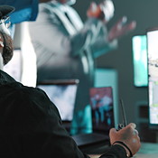 Security, screen and guard with business people, control room and ...