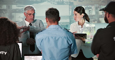 Cyber security, surveillance and government tablet in control room with ...