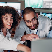 Military, team and people at computer in control room for planning ...
