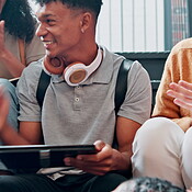 Campus, students and applause with tablet for education, academic ...