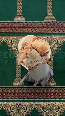 Women, hug and faith in islam at mosque, kindness and top view of ...
