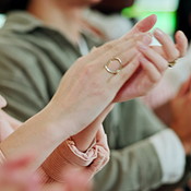 Hands, business people and audience clapping for celebration closeup at conference. Winning ...
