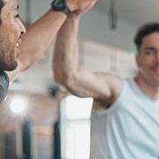 Treadmill, running and tired with man and high five in gym for marathon ...