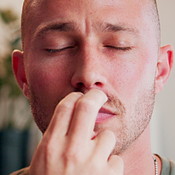 EFT tapping, balance and man with face reiki in home for trauma healing ...