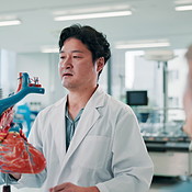 Cardiology, doctor and heart model with learning, training and ...