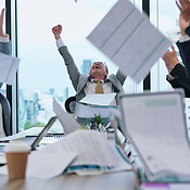 Business people, paper throw and hand gesture in meeting, applause and ...