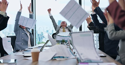 Business people, paper throw and hand gesture in meeting, applause and celebration in modern ...