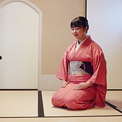Woman, smile and Japanese religious prayer for healing, spiritual and ...