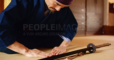 Respect, bow and martial arts sensei in dojo for practice routine ...