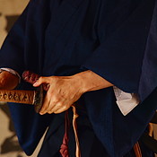 Hands, sword and martial arts sensei in dojo for practice routine ...