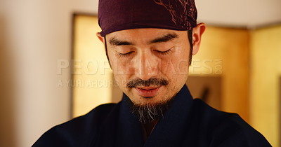 Warrior, bow and martial arts sensei in dojo for practice routine ...