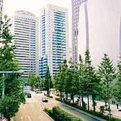 City, building and road with exterior for architecture, infrastructure ...