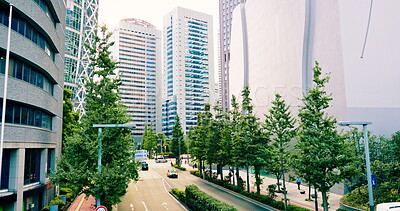 City, building and road with exterior for architecture, infrastructure ...