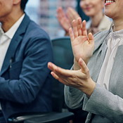 Office, applause and Asian business people celebrate in seminar ...