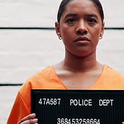 Face, woman and mugshot for arrest at police station of identity frame ...