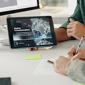 Hands, tablet and workforce trends with business team in office for ...