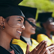 Happy, students and row with applause for graduation, celebration or ...