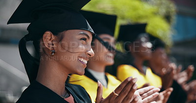 Happy, students and row with applause for graduation, celebration or ...