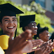 Graduation, students and outdoor with applause for achievement, degree ...