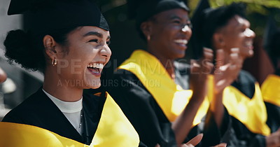 Clapping hands, graduation and students at university for achievement ...